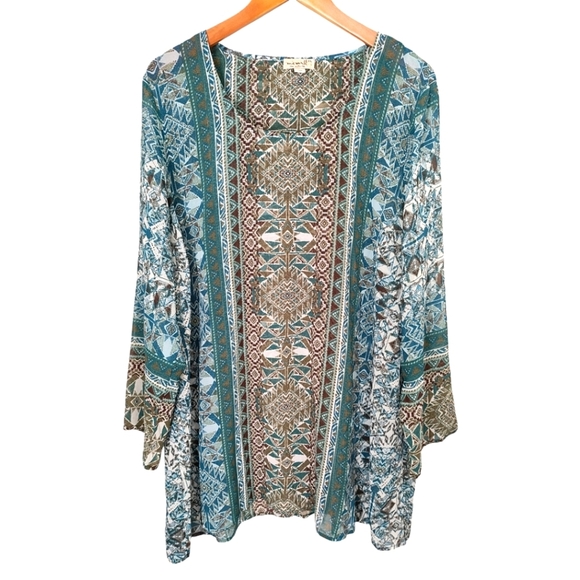 ONE WORLD | Tops | One World Blue Brown Sheer Long Sleeve Tunic | Poshmark